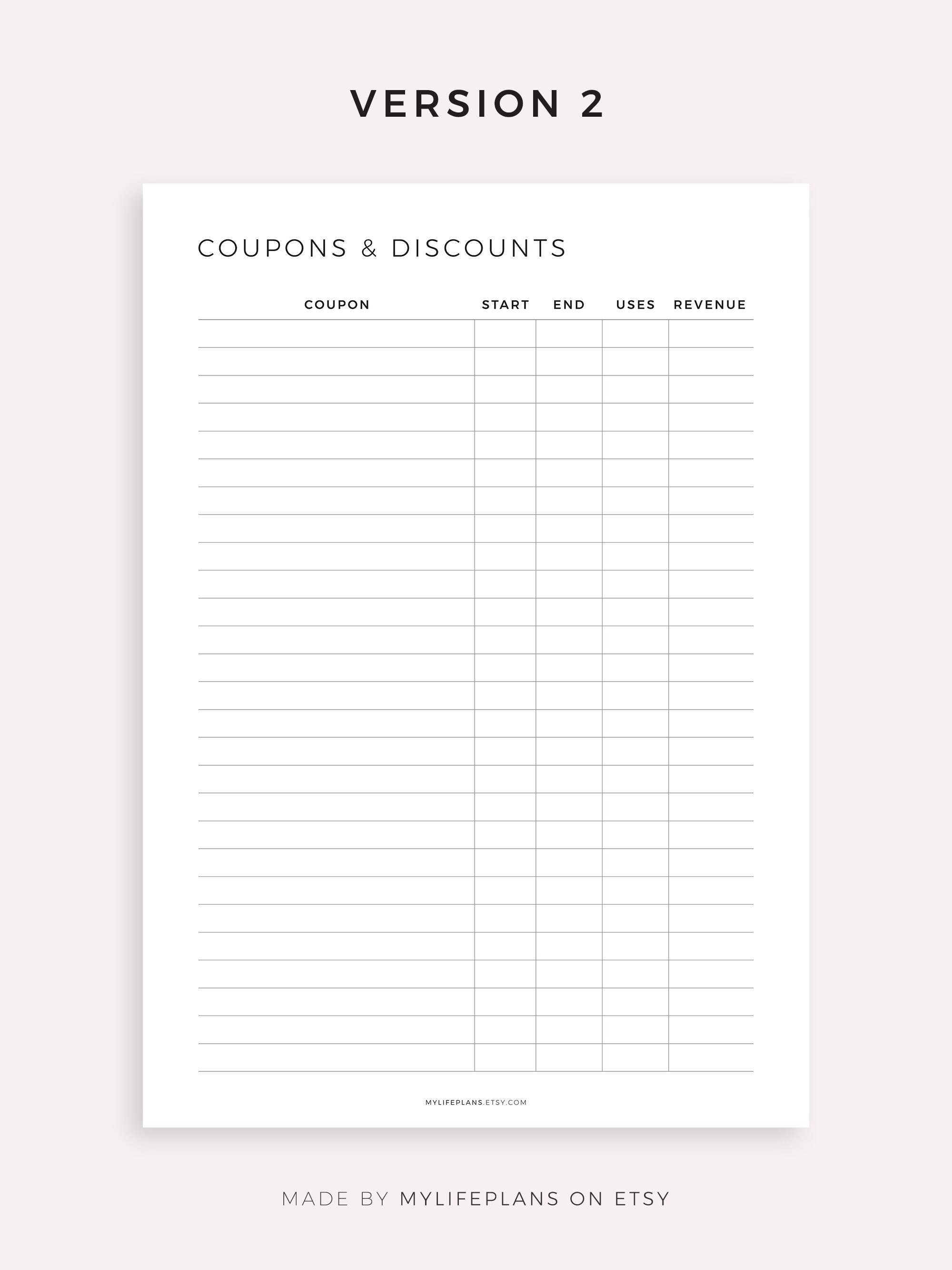 Online Shop Coupon & Discounts Tracker Printable, Business Coupon ...