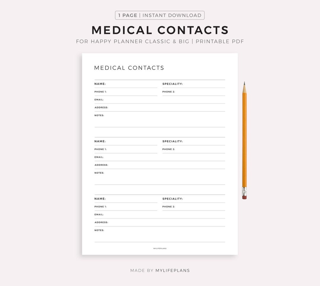 Medical Contacts List Printable for Happy Planner Classic and Big ...
