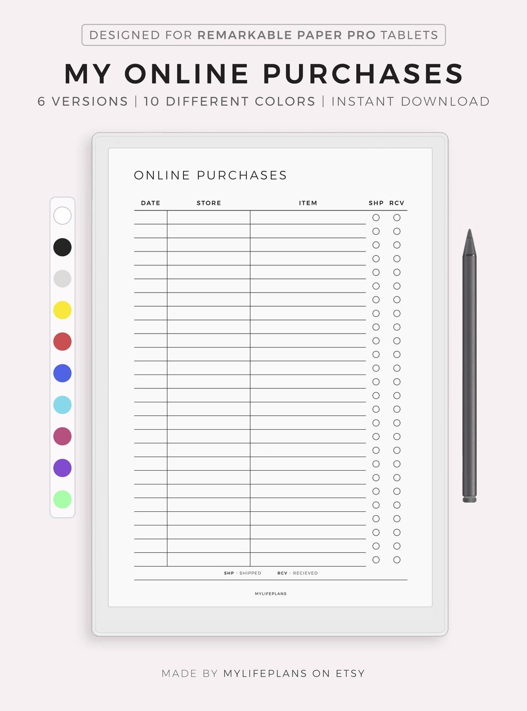 Online Purchases Tracker for Remarkable Paper Pro, Instant Download - Etsy