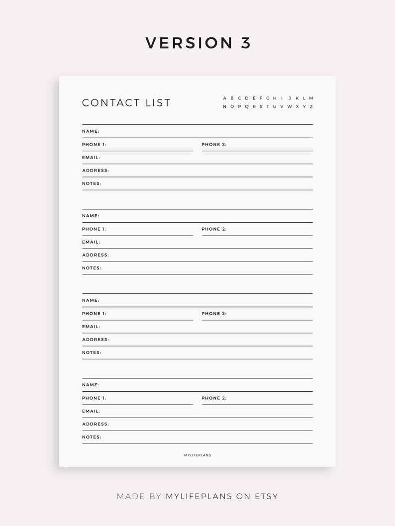 Contacts List Template for Remarkable Paper Pro, Instant Download - Etsy