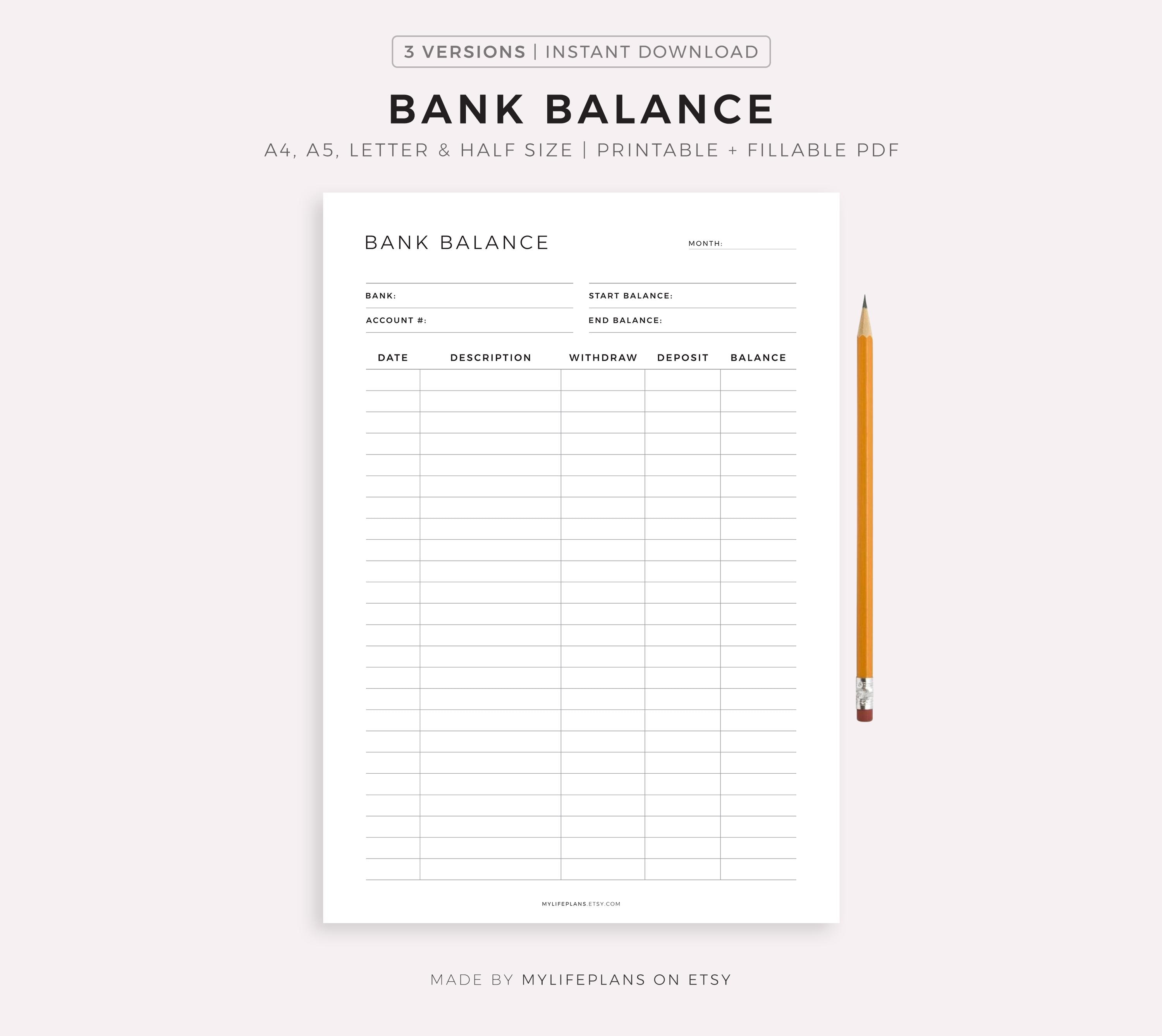 Bank Balance Sheet Printable, Bank Account Transactions Tracker ...