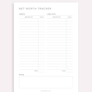 Net Worth Tracker Printable, Asset and Liability Balance Sheet ...