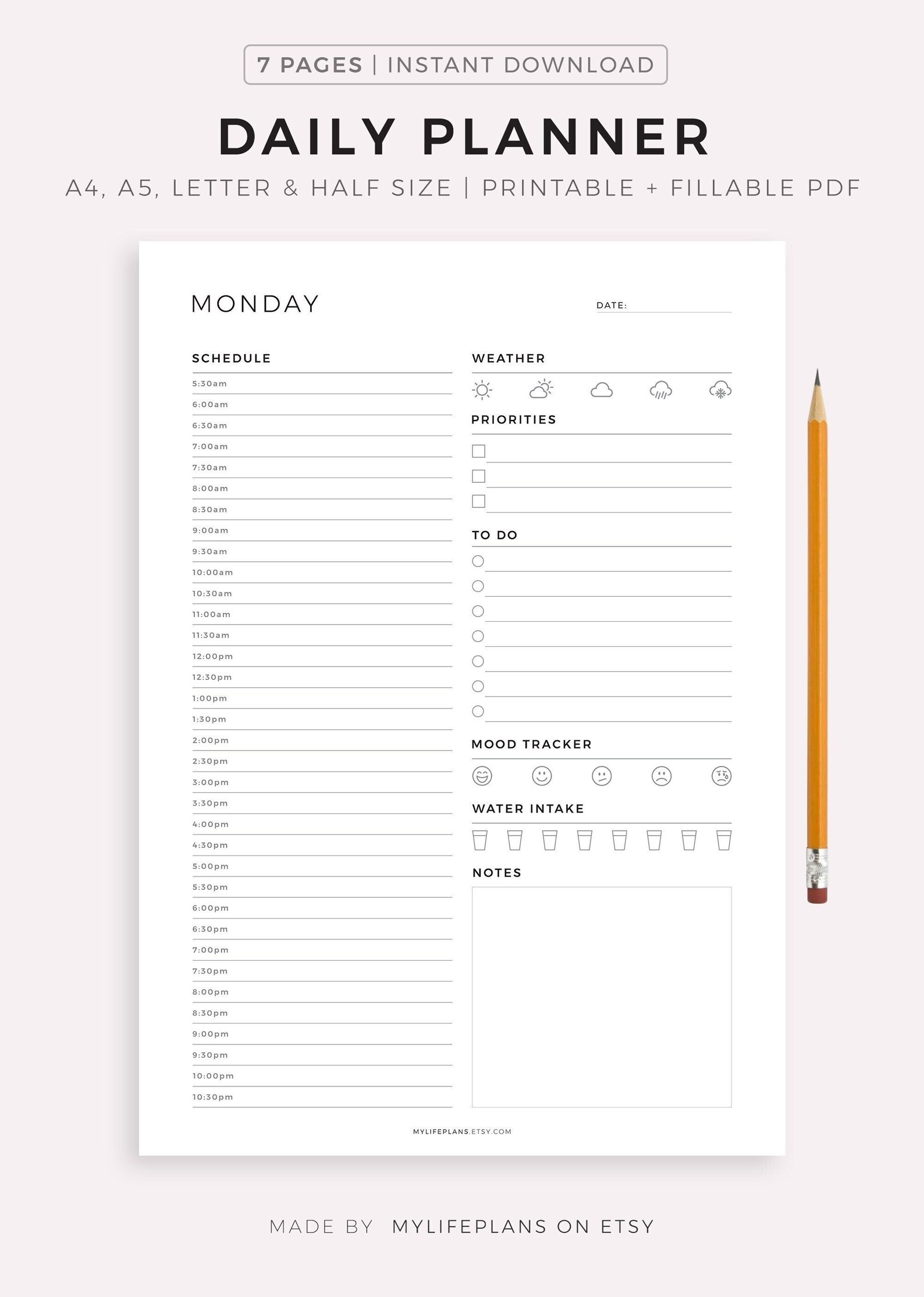 Printable 7 Day Planner Daily Planner Weekly Planner Half - Etsy