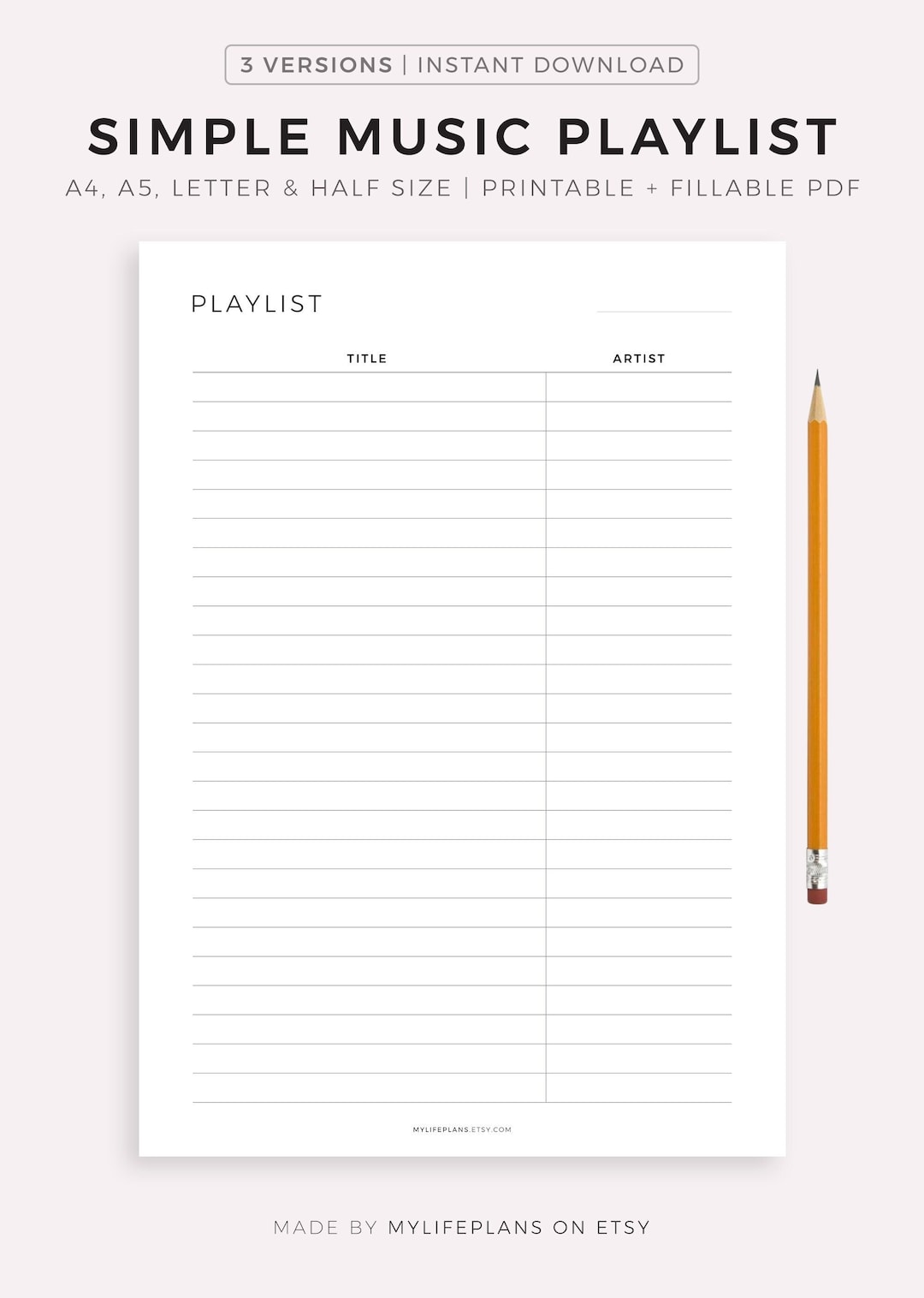 Simple Music Playlist Printable - Favorite Songs, Fitness Songs, Happy ...