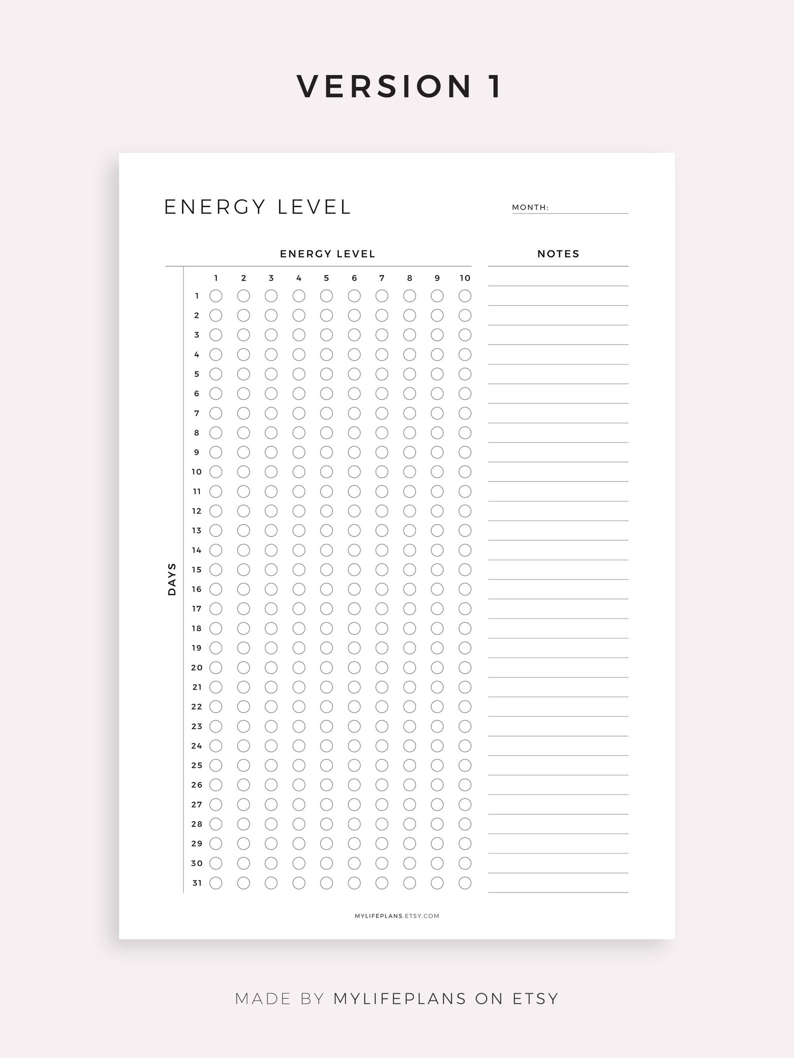 Daily Energy Level Tracker Printable, Track Monthly Energy Levels ...