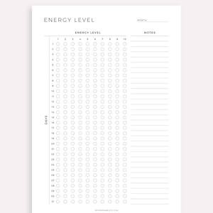 Daily Energy Level Tracker Printable, Track Monthly Energy Levels ...