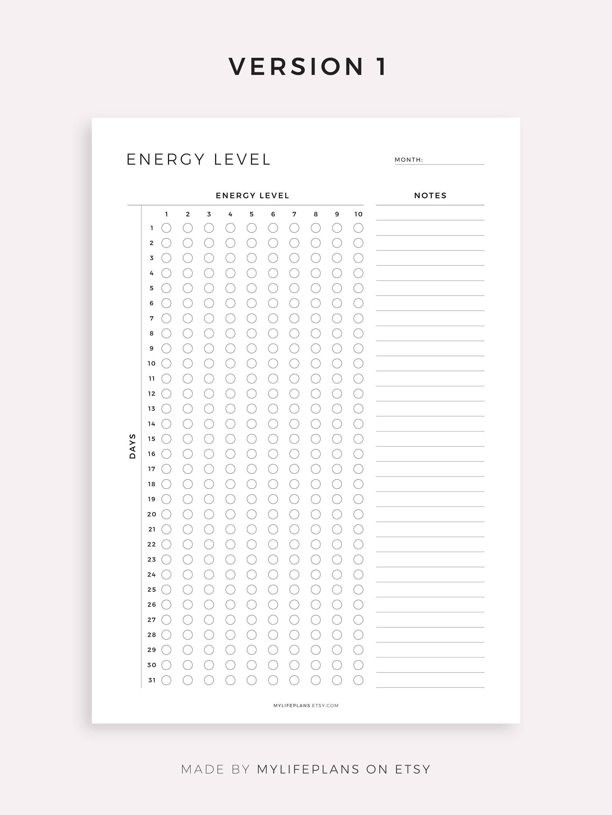 Daily Energy Level Tracker Printable Track Monthly Energy - Etsy