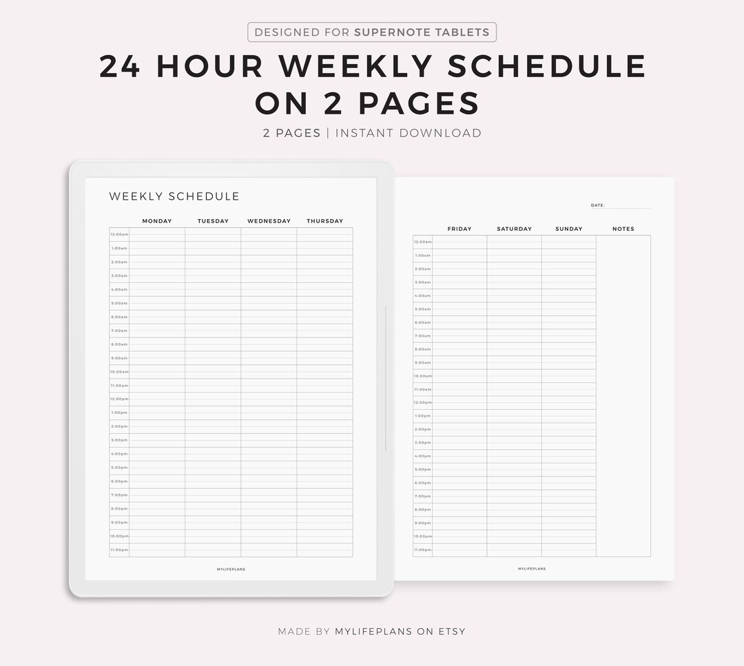 24 Hour Weekly Schedule on 2 Pages, Sunday & Monday Start, Compatible ...
