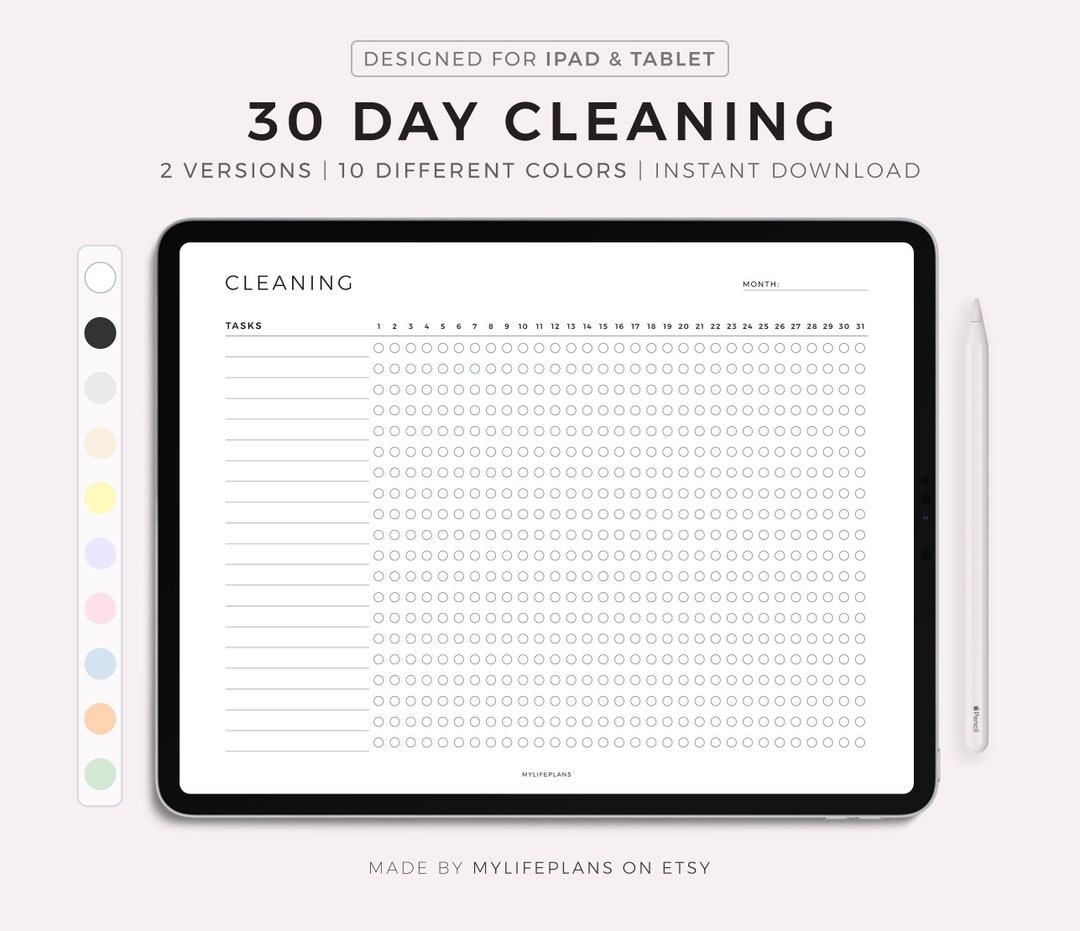 Digital 30 Day Cleaning Checklist Landscape, Everyday Cleaning ...