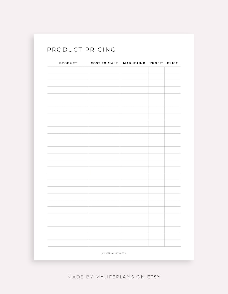 Simple Product Pricing Printable, Product Pricing Calculator, Item ...
