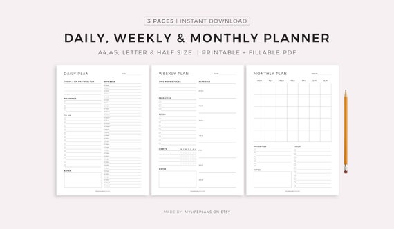 Daily Planner Weekly Planner Monthly Planner Printable - Etsy New Zealand