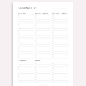 Printable Travel Packing List - Travel Documents, Electronics, Clothes ...