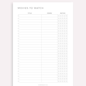 Movies to Watch List Printable, Movie Planner, Movie Tracker, Film ...