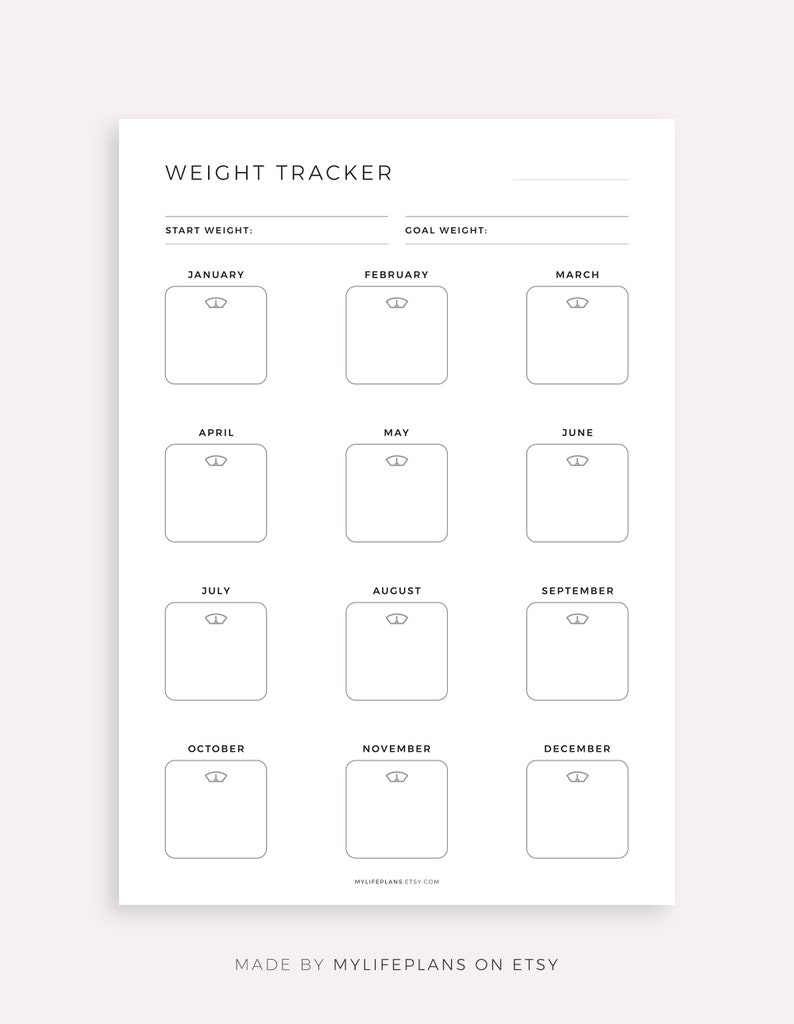 Yearly Weight Tracker Printable, Monthly Weight Goal Progress, Weight ...