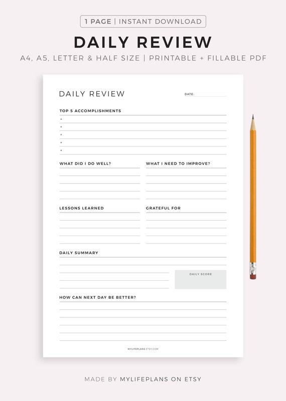 Daily Review Daily Reflection Daily Evaluation Daily - Etsy