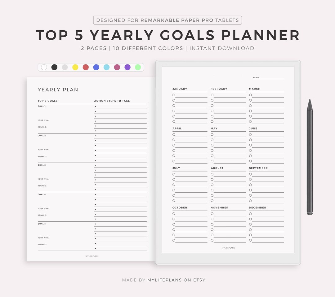 Top 5 Yearly Goals Planner for Remarkable Paper Pro, Goal Setting, Goal ...