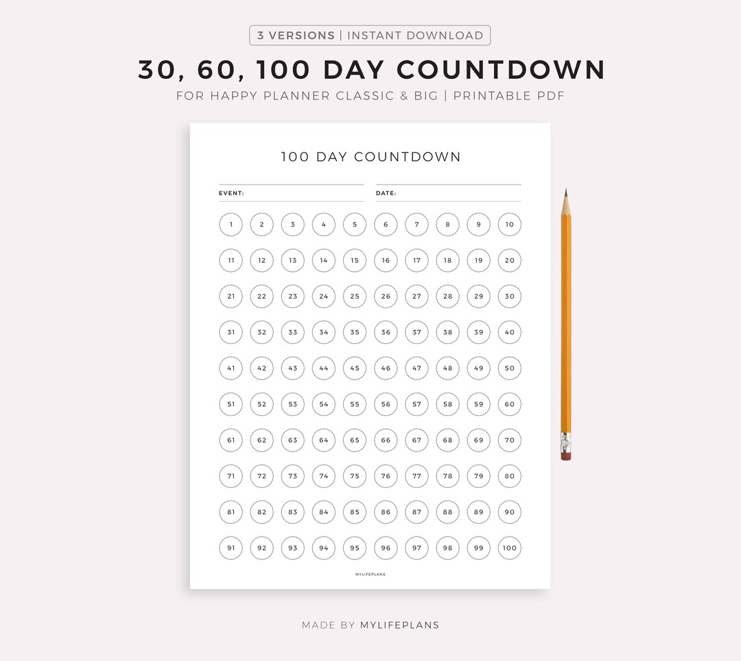 30, 60, 100 Day Countdown Tracker, Printable for Happy Planner Classic ...