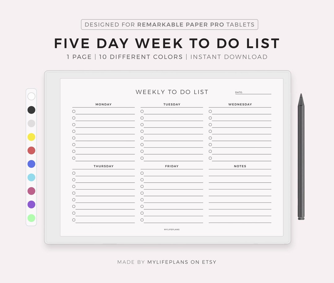 Five Day Week to Do List Landscape, Weekly Task List, Week at a Glance ...