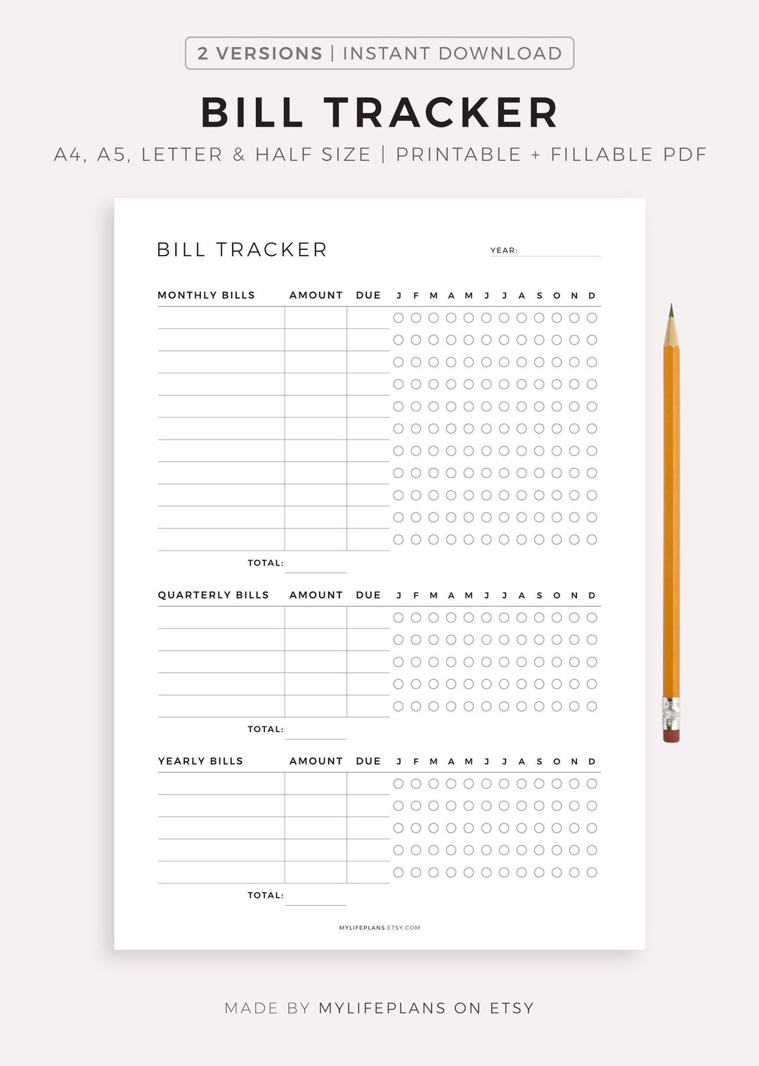 Monthly, Quartly, Yearly Bill Tracker on One Page Printable, Bill ...