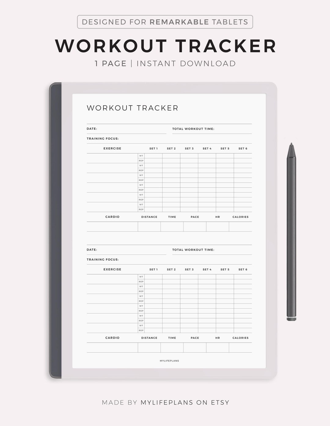 Workout Tracker for Remarkable Paper Pure, Daily Exercise Log, Fitness ...