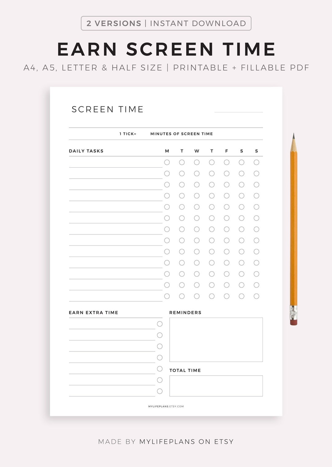 Earn Screen Time Checklist for Teenagers / Kids, Screen Time Chore ...