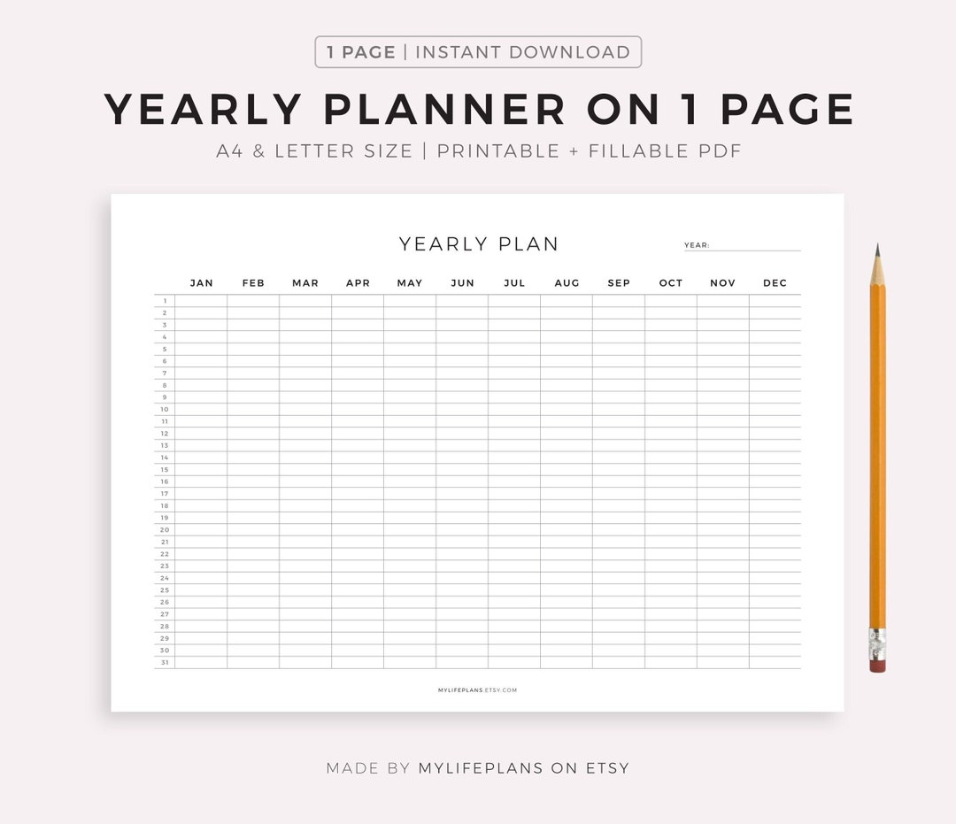Yearly Planner on 1 Page Landscape Year at a Glance Calendar - Etsy