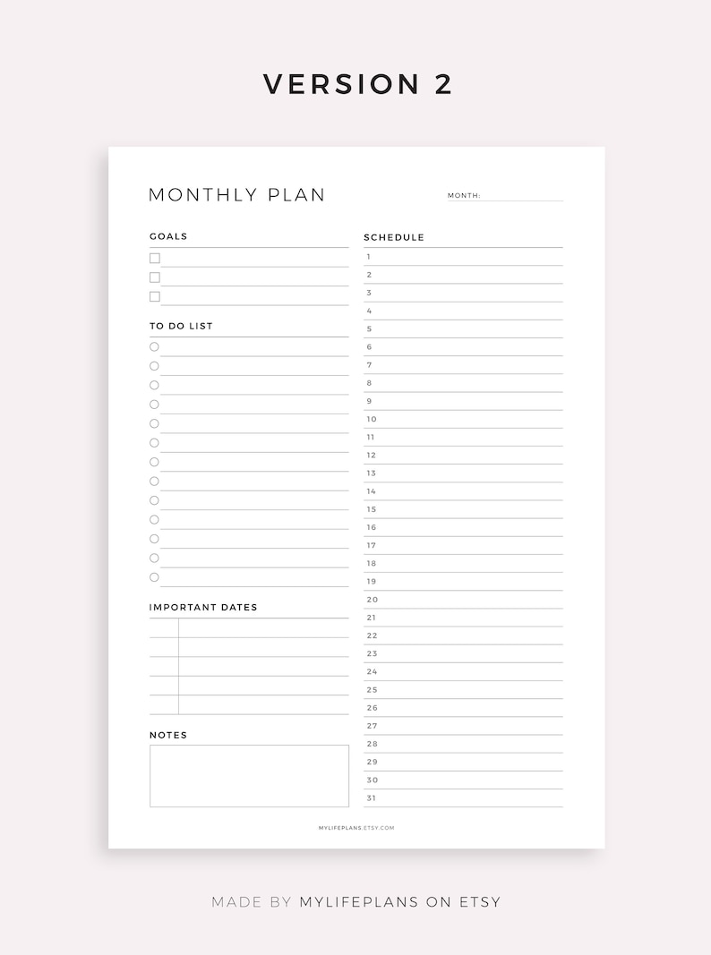 Month at a Glance Monthly Goals Monthly to Do List | Etsy