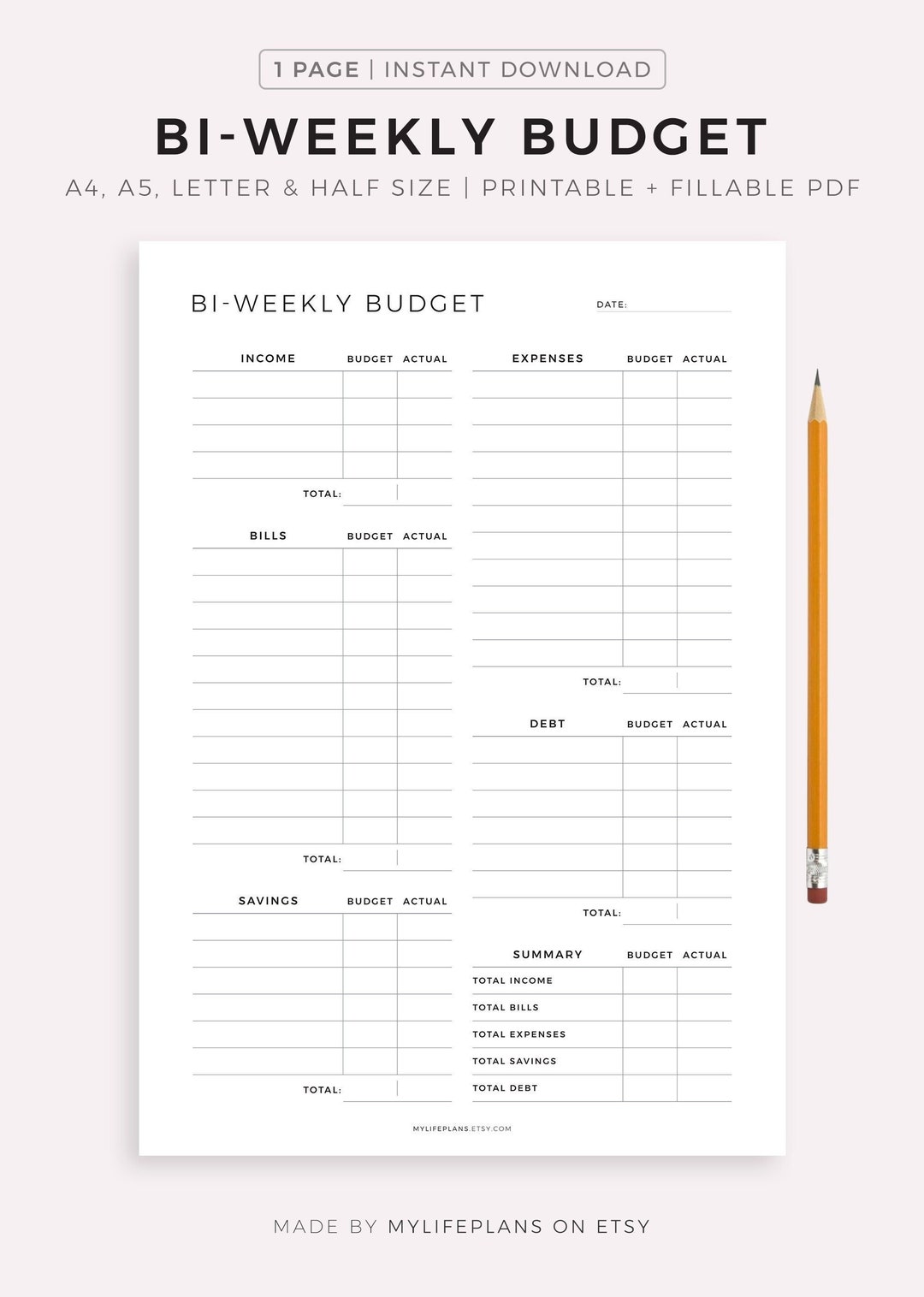 Bi-weekly Budget Planner Printable & Fillable, Budget Template PDF ...