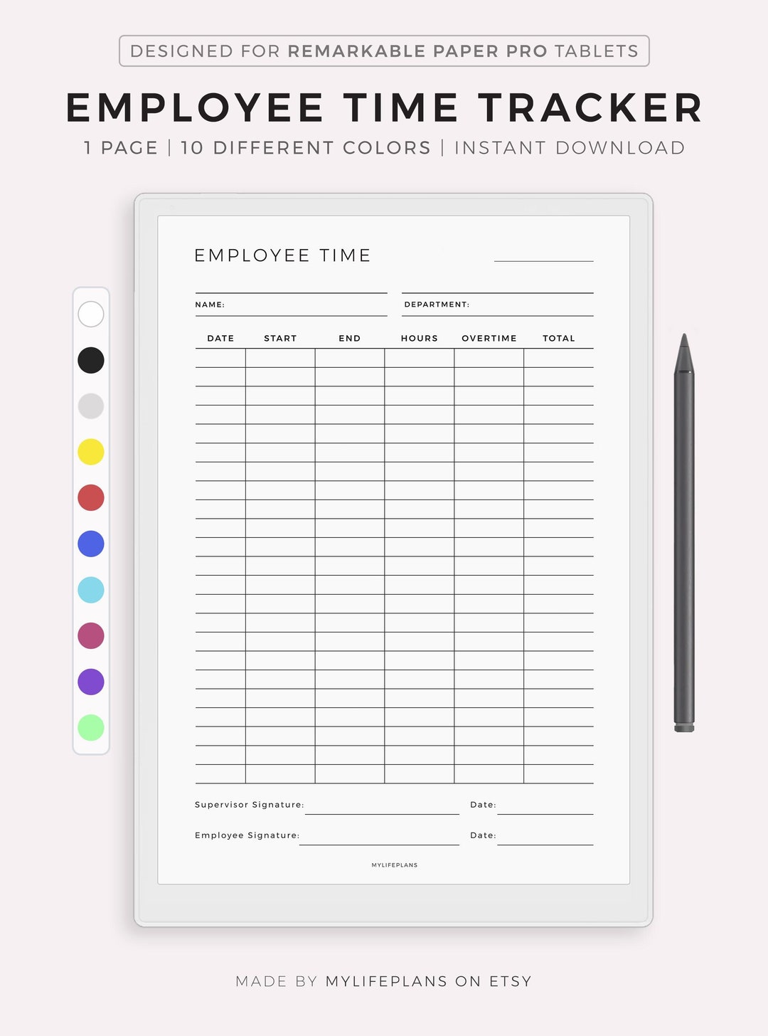 Employee Time Tracker for Remarkable Paper Pro, Instant Download - Etsy