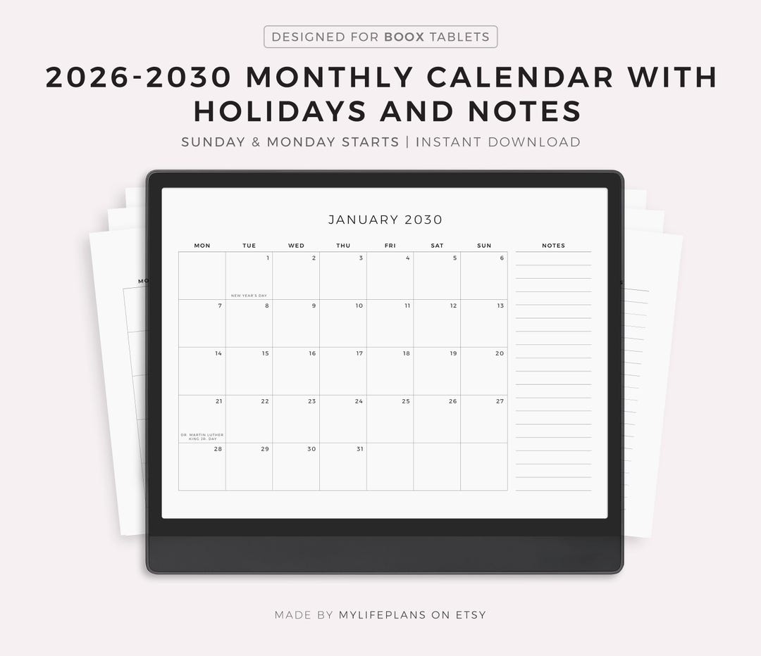 2026-2030 Monthly Calendar With Notes and Holidays for Boox Note Series ...