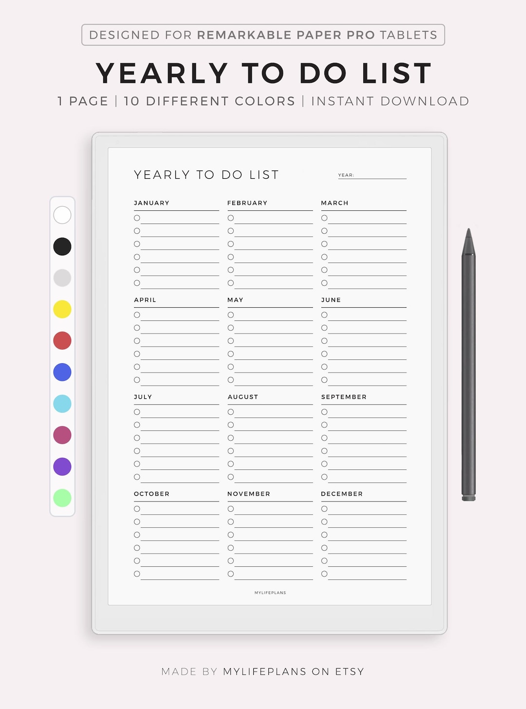 Yearly to Do List for Remarkable Paper Pro, Yearly Tasks, Yearly ...