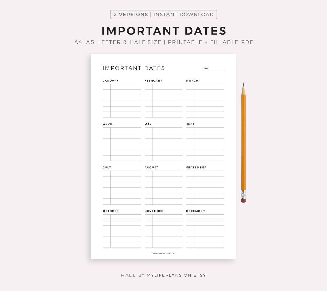 Yearly Important Dates Printable - Birthdays, Anniversaries, Travels ...