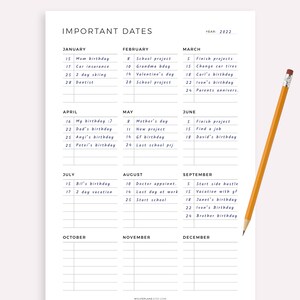 Yearly Important Dates Printable Birthdays Anniversaries | Etsy