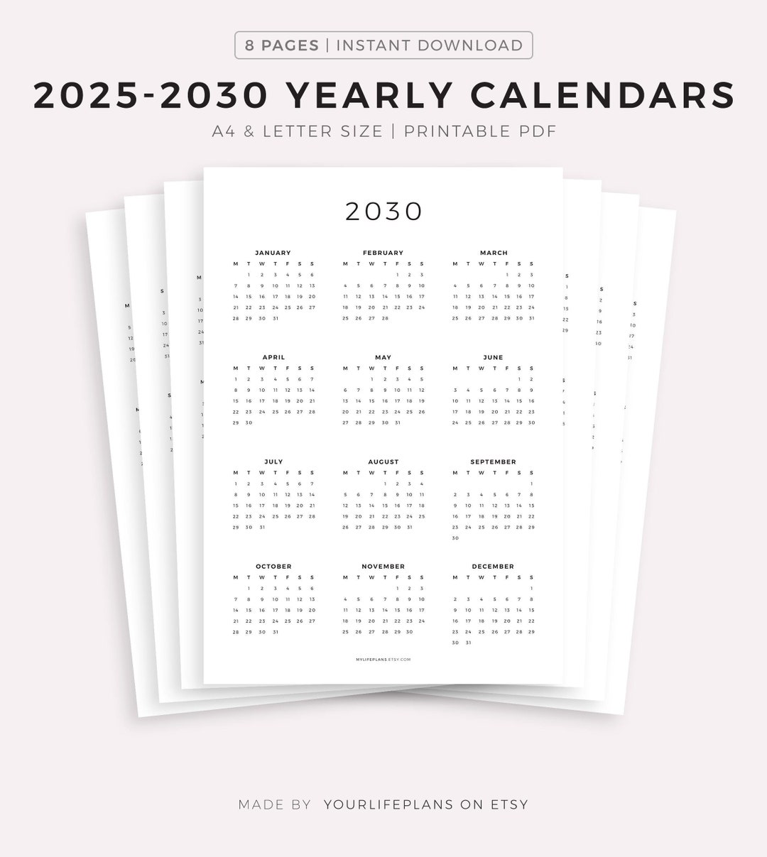 2025-2030 Year Calendars Printable, Yearly Wall Calendar, Desk Calendar ...