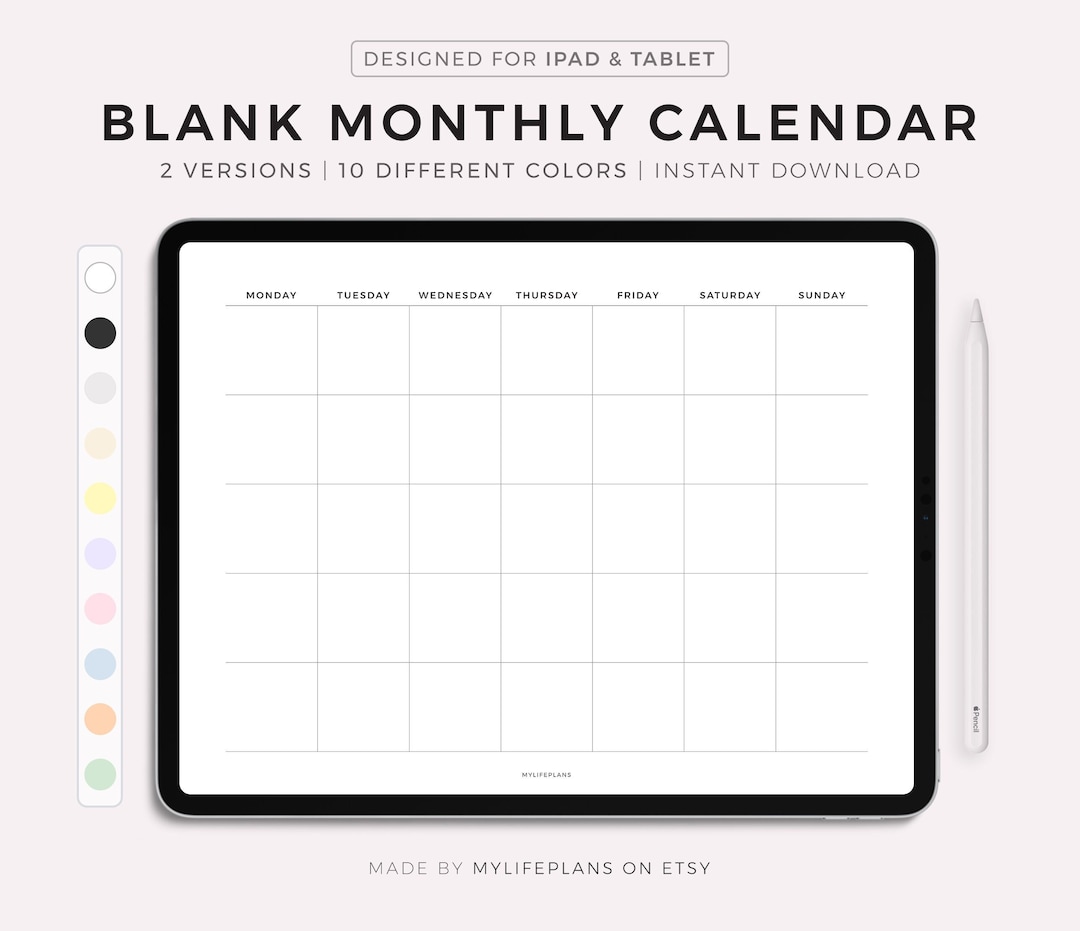 Blank Monthly Calendar for Goodnotes, Notability, Noteshelf, Ipad ...