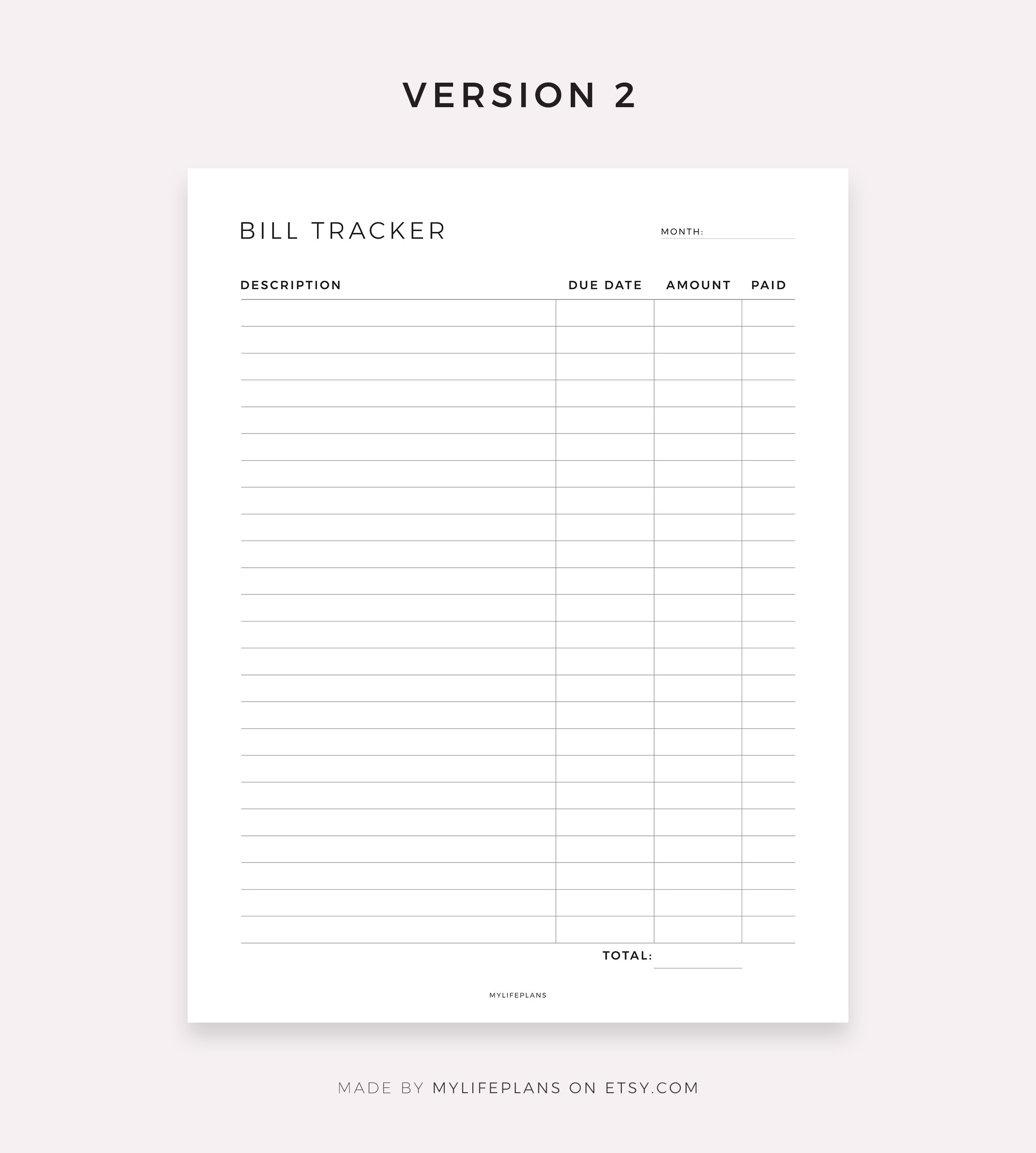 Digital Monthly Bill Tracker, Bill Payment Checklist, Bill Organizer ...