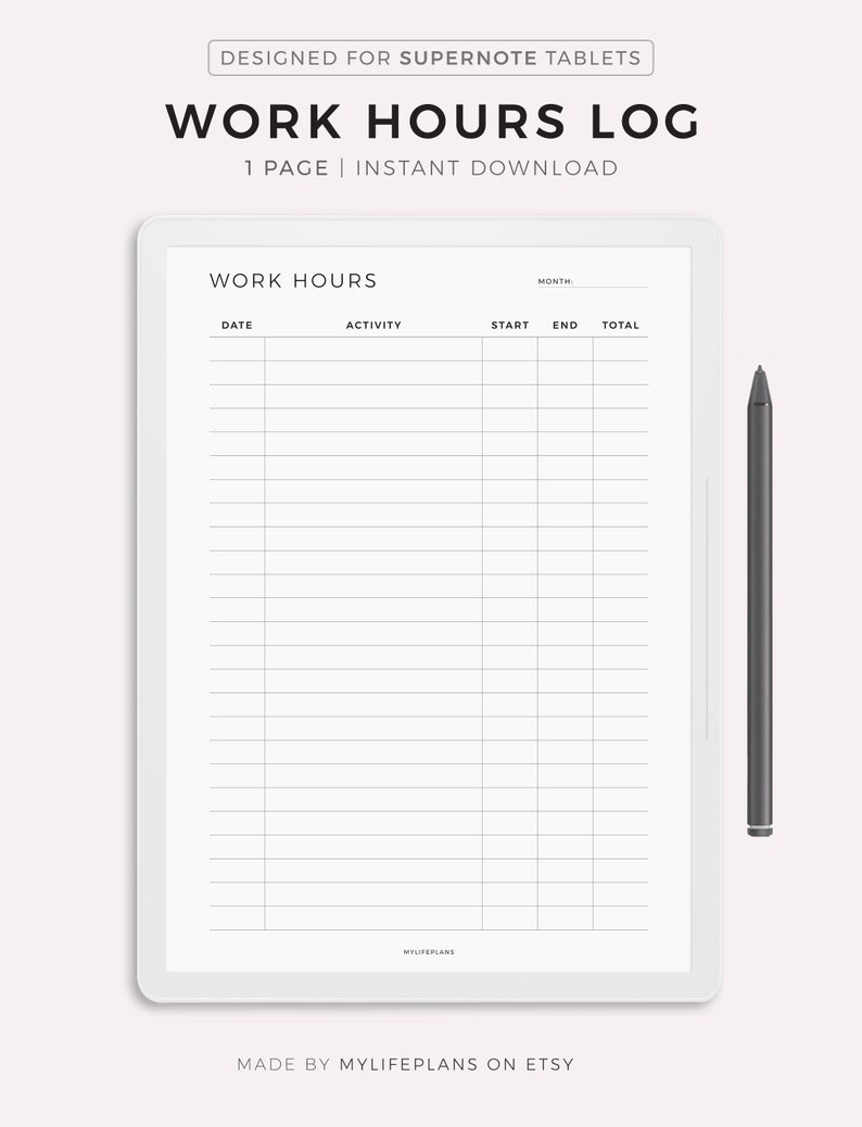 Working Hours Log for Supernote A5X2/A5X/A5/A6X2/A6X/A6, Instant ...
