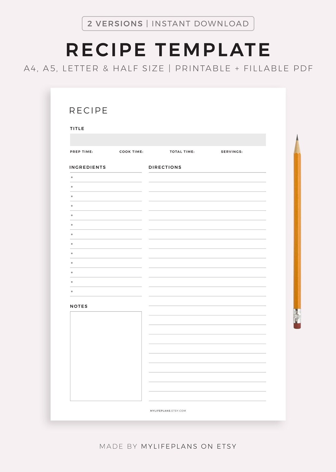 Printable Recipe Template, Recipe Book, Blank Recipe Page, Recipe Card ...