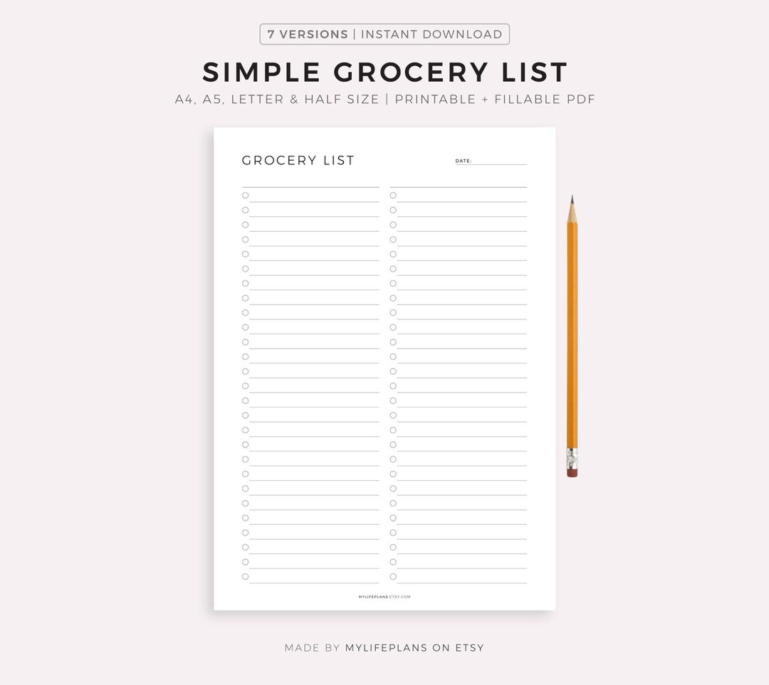 Simple Grocery List Template Printable, Food Shopping List, Grocery ...