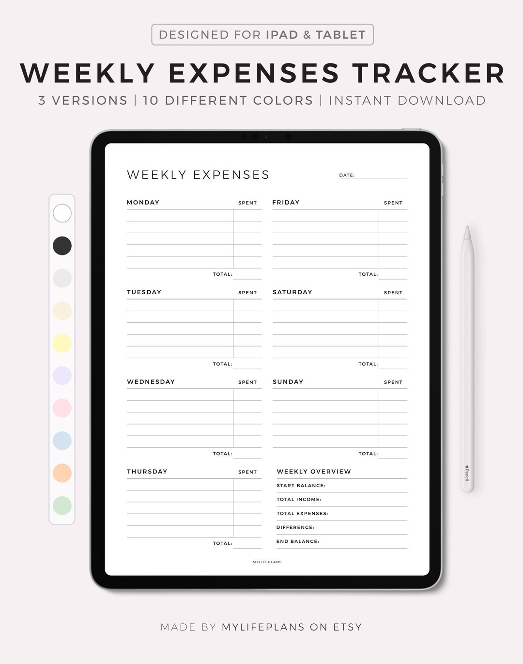 Weekly Expenses Tracker, Spending Tracker, Budget Planner, Digital ...