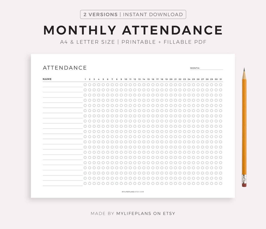 Monthly Employee Attendance Log Printable Landscape Working Days, Days ...