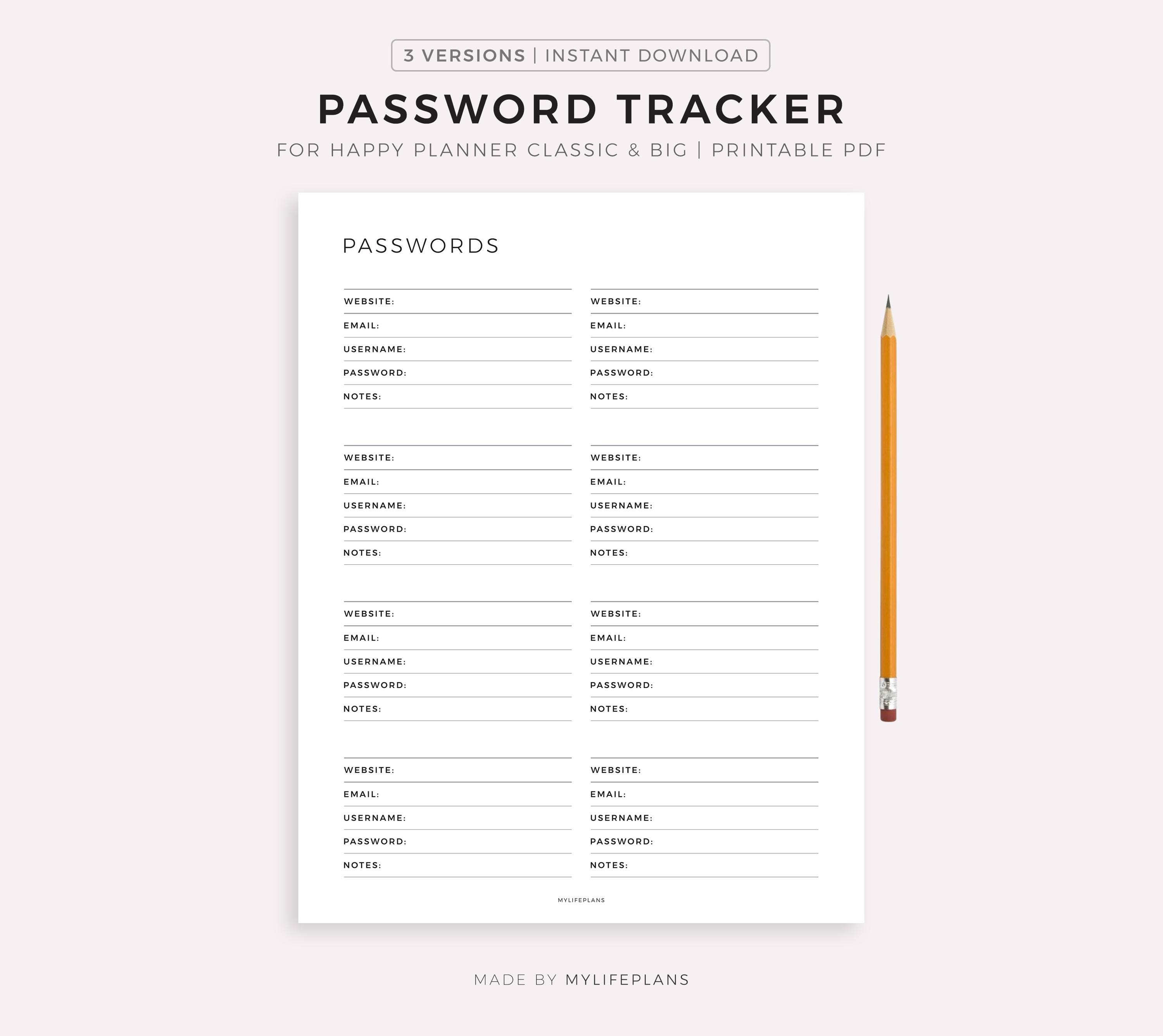 Password Tracker, Printable Template for Happy Planner Classic and Big ...