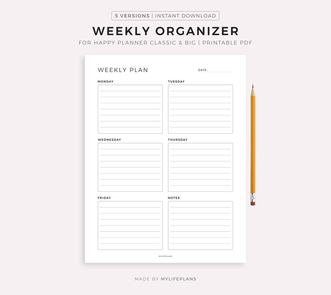 Five Day Weekly Planner Printable for Happy Planner Classic & Big ...