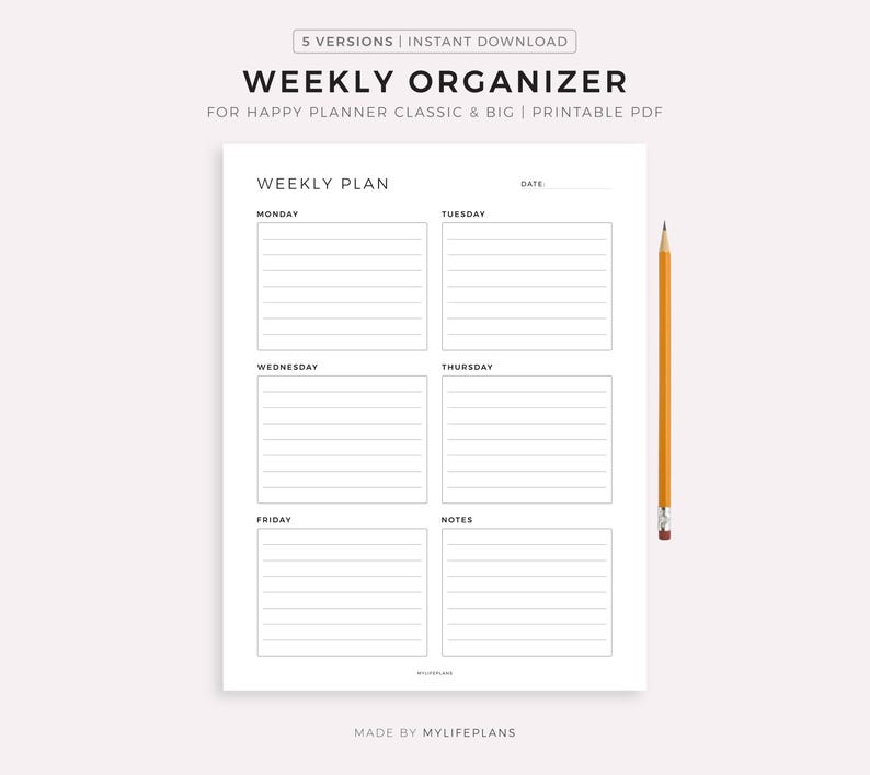 Five Day Weekly Planner Printable for Happy Planner Classic & Big ...