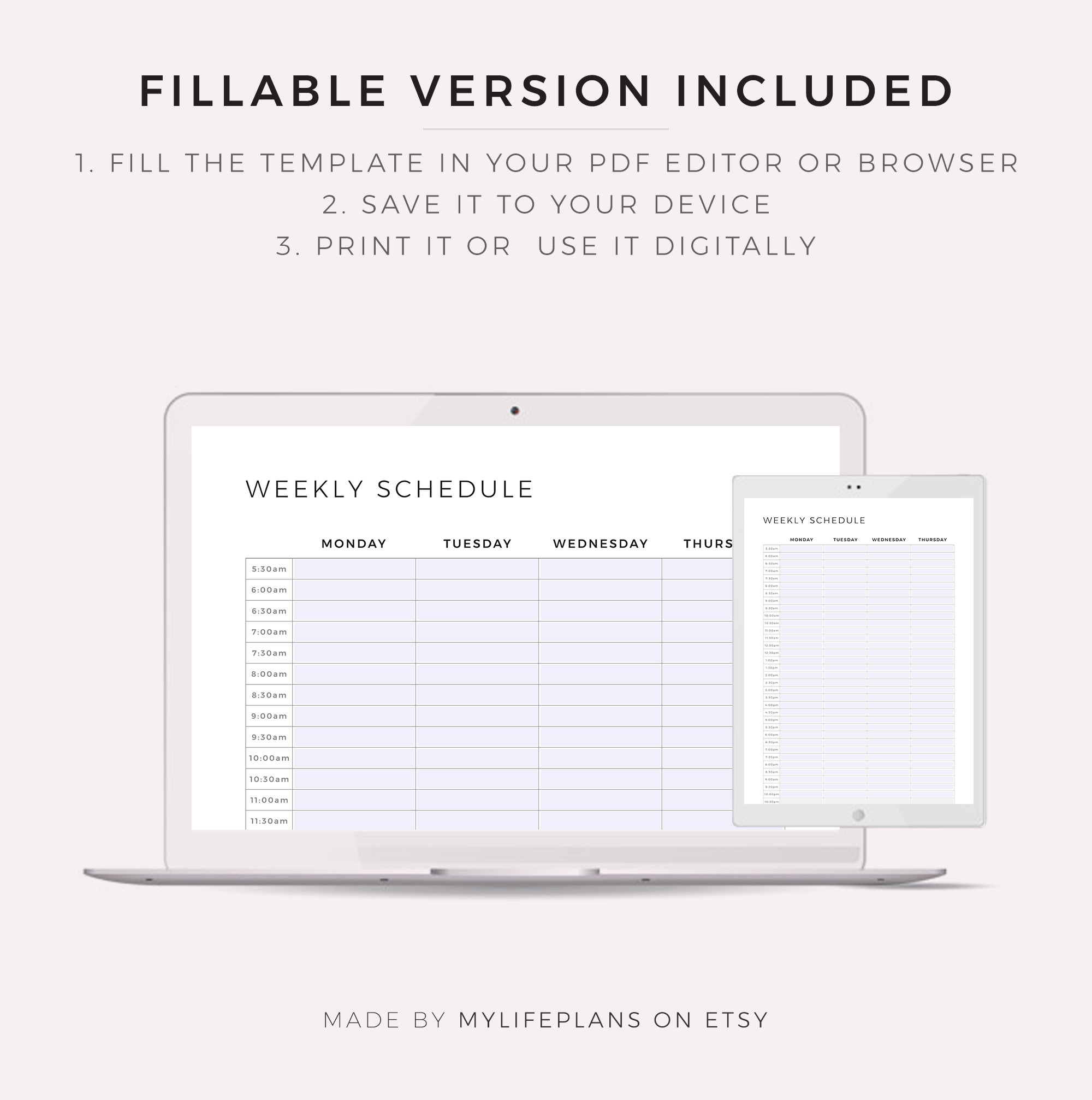 Half Hour Weekly Schedule on 2 Pages Weekly Planner | Etsy