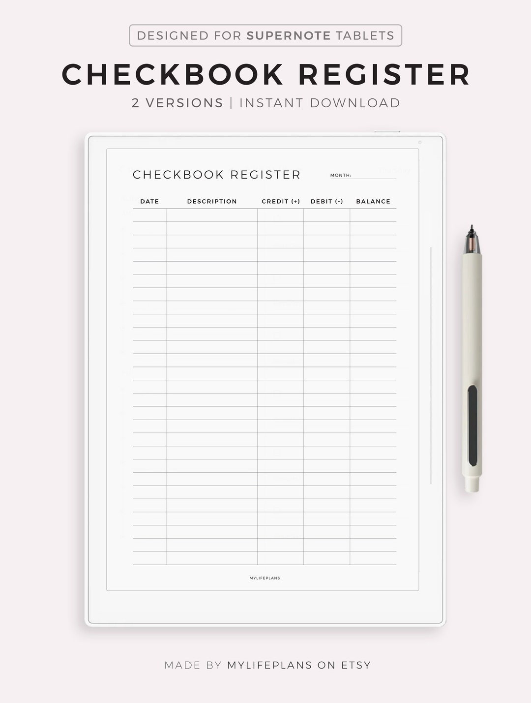 Checbook Register, Check Transaction Tracker, Checkbook Log, Supernote ...