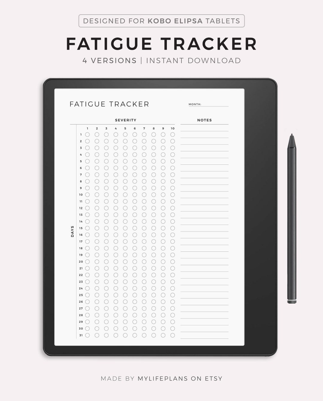 Monthly Fatigue Tracker for Kobo Elipsa 2e / 1, Track Daily Fatigue ...