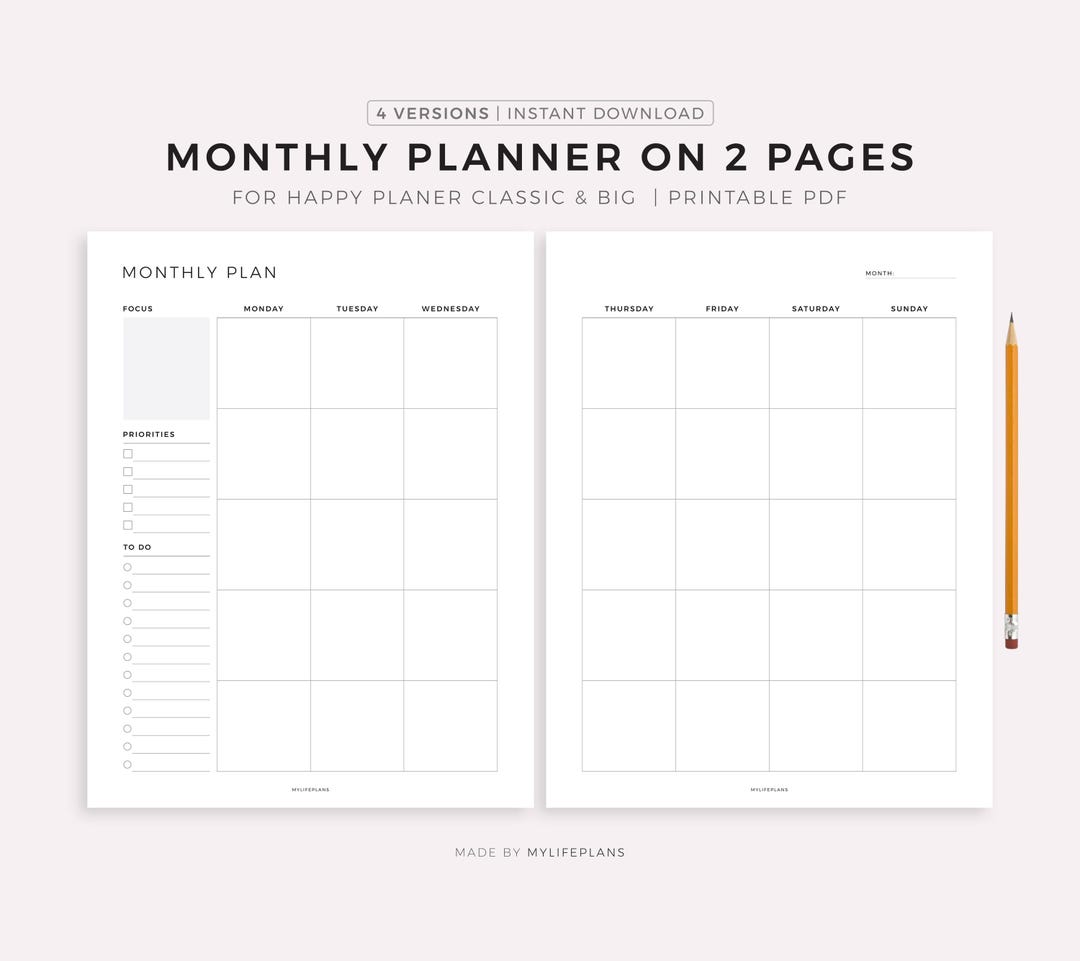 Printable Monthly Planner on Two Pages for Happy Planner Classic & Big ...