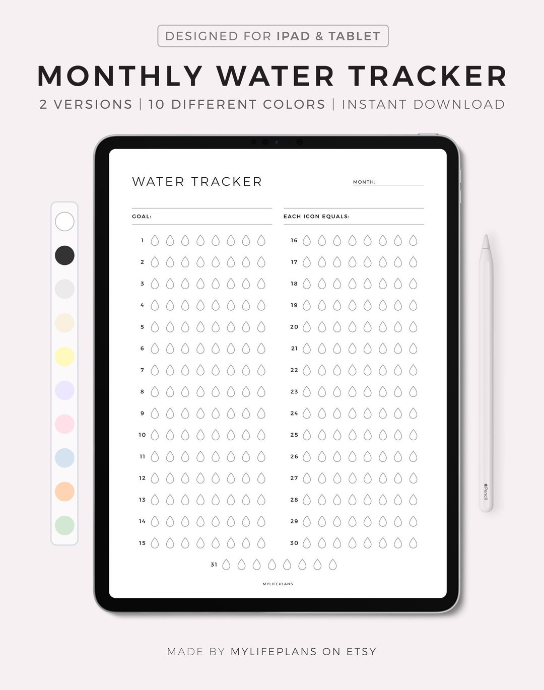 Digital Monthly Water Tracker, 31 Day Water Challenge, Hydration ...