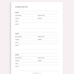 Business / Work Contacts Printable & Fillable Template PDF, A4/a5 ...